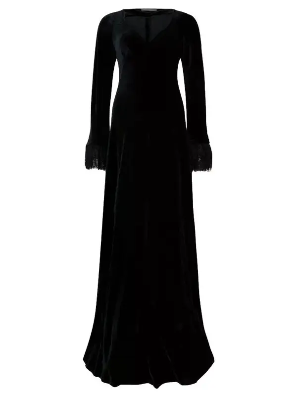 Alberta Ferretti Lace-trim Velvet Maxi Dress - Black