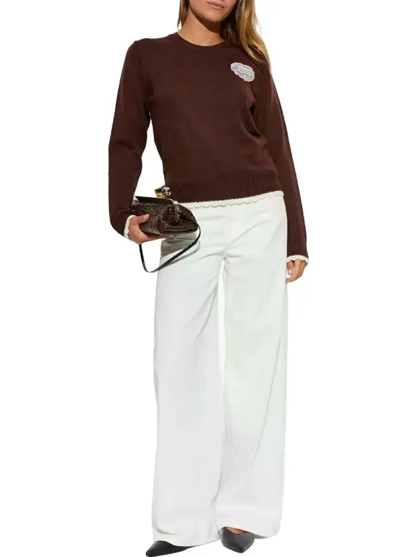 GANNI Wool Crewneck Sweater With Contrast Trims - Brown