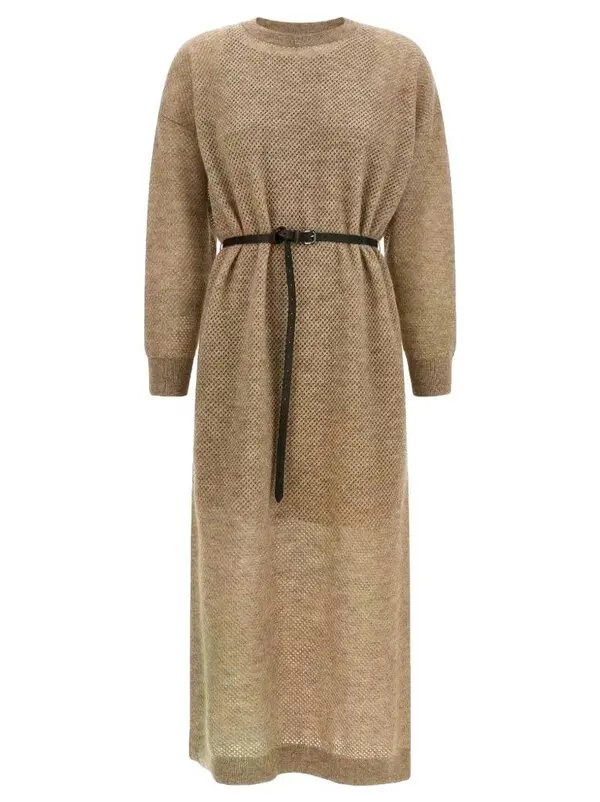 Brunello Cucinelli Belted Mesh-knit Midi Dress - Neutrals