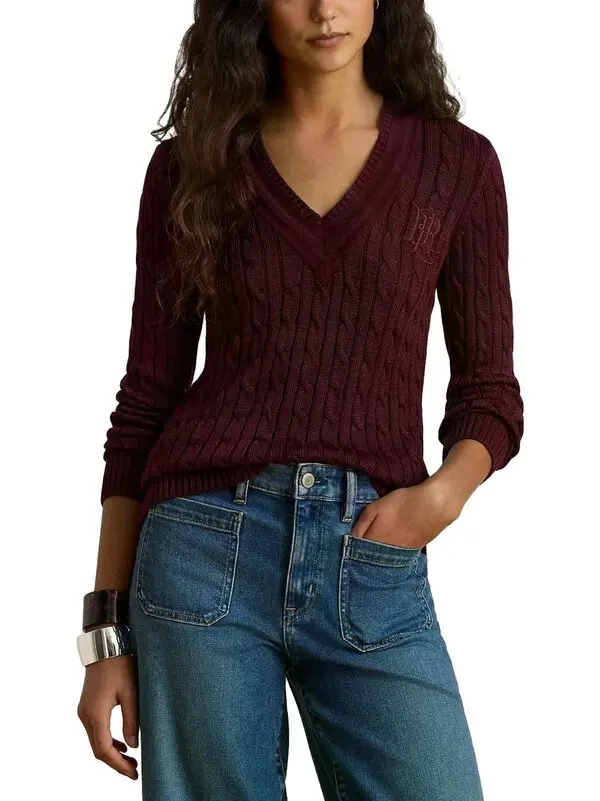 Ralph Lauren Cable-knit Monogram-embroidered V-neck Sweater - Red