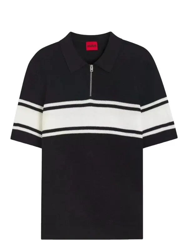 Hugo Zipper Neck Knit Polo With Block Stripes - Blue