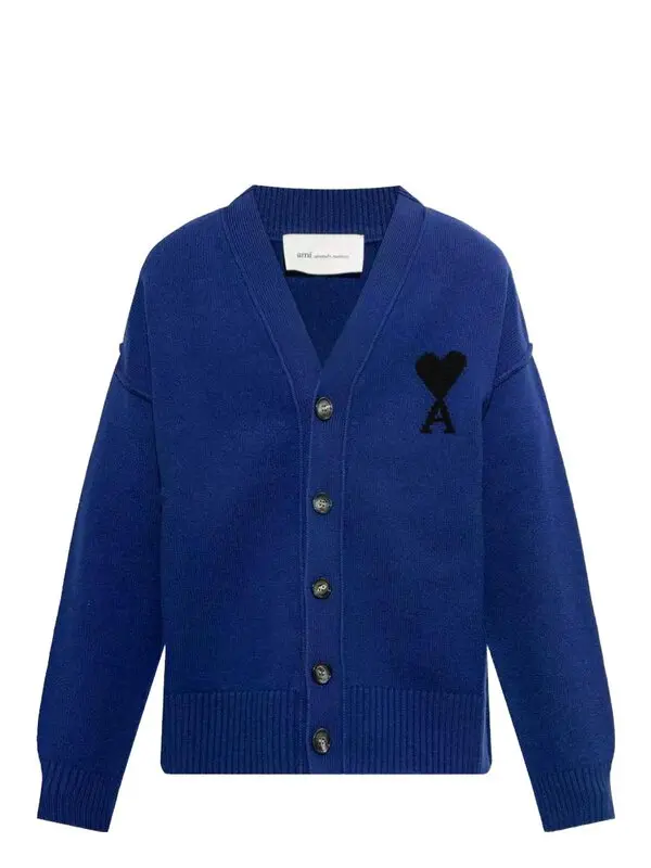 AMI Paris Natural Wool Cardigan With De Coeur - Blue