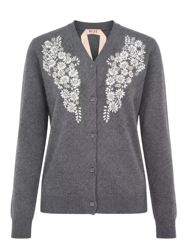 N°21 Floral-embroidered Cardigan - Grey