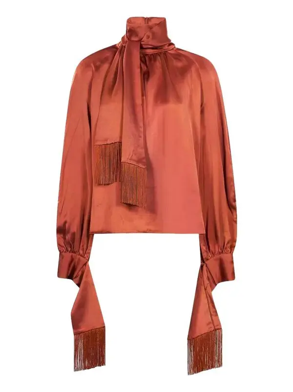 ROWEN ROSE Fringe-trimmed Tie-neck Blouse - Orange