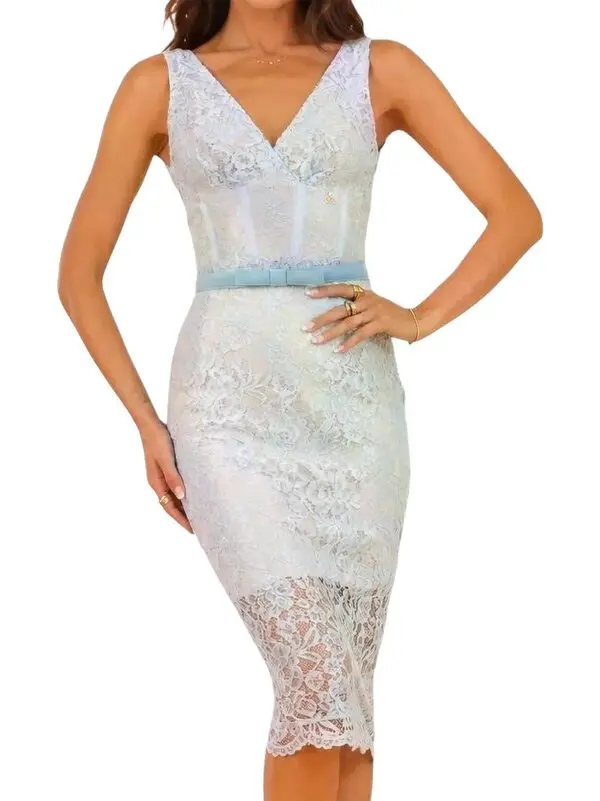 DIVEDIVINE Megan Belted Lace-work Midi Dress - Blue
