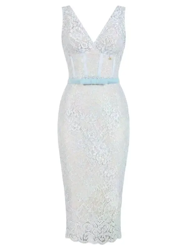 DIVEDIVINE Megan Belted Lace-work Midi Dress - Blue