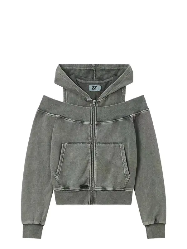 Izzue Cold-shoulder Zip-up Hoodie - Grey