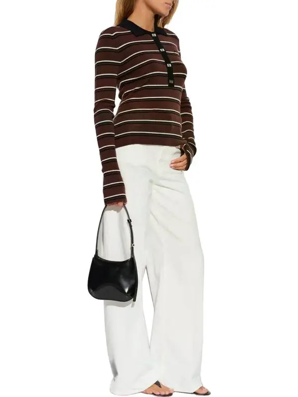 GANNI Polo Shirt In Striped Merino - Brown