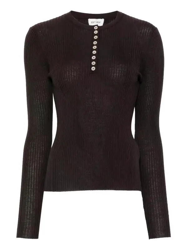 Soft Goat Ribbed-knit Henley Sweater - Brown
