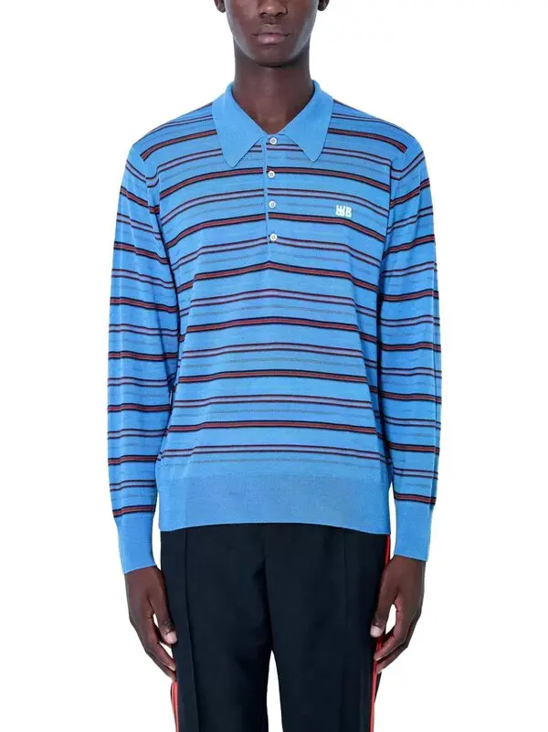 WALES BONNER Striped Long-sleeve Polo Shirt - Blue