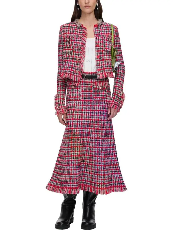 SELF-PORTRAIT Check Frayed Knit Midi Skirt - Red