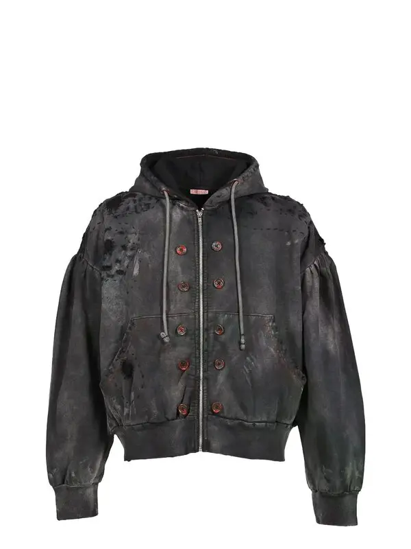 GLASS CYPRESS Distressed Button-detail Hoodie - Black