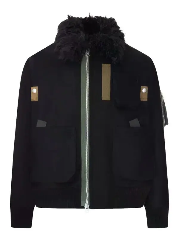 Sacai Melton Faux-fur Collar Wool Jacket - Black