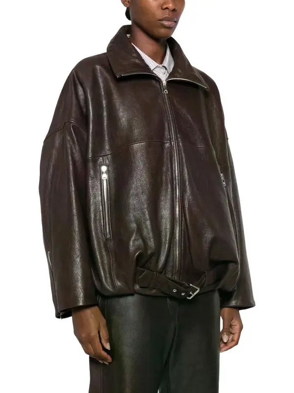 EMMETI Belted Oversized Leather Jacket - Brown