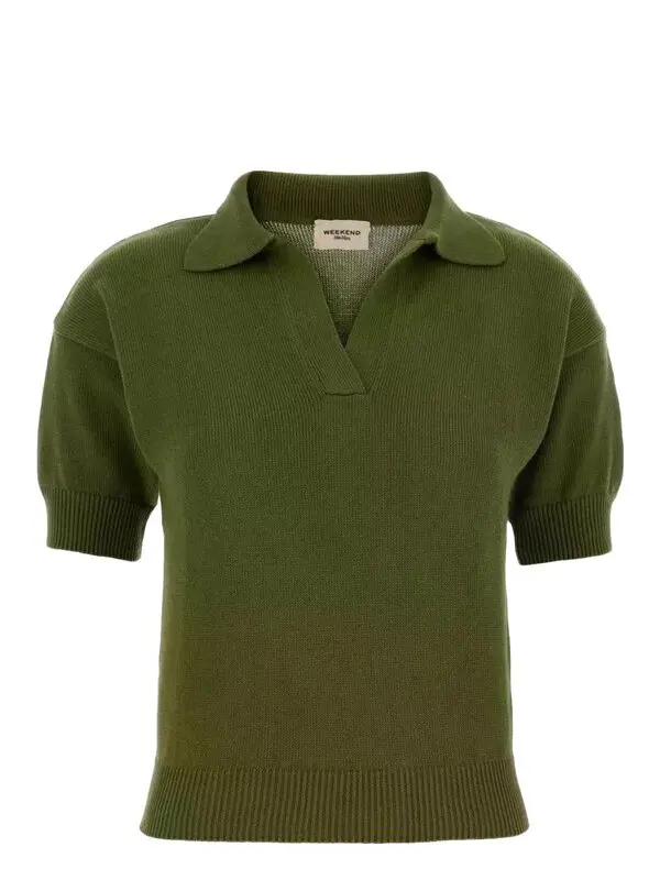 Max Mara Ribbed Knit V-neck Polo Top - Green