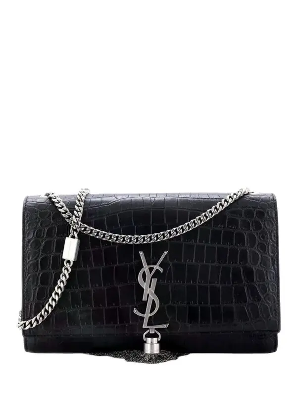 Saint Laurent Classic Monogram Tassel Croc Effect Leather Medium Crossbody Bag - Black