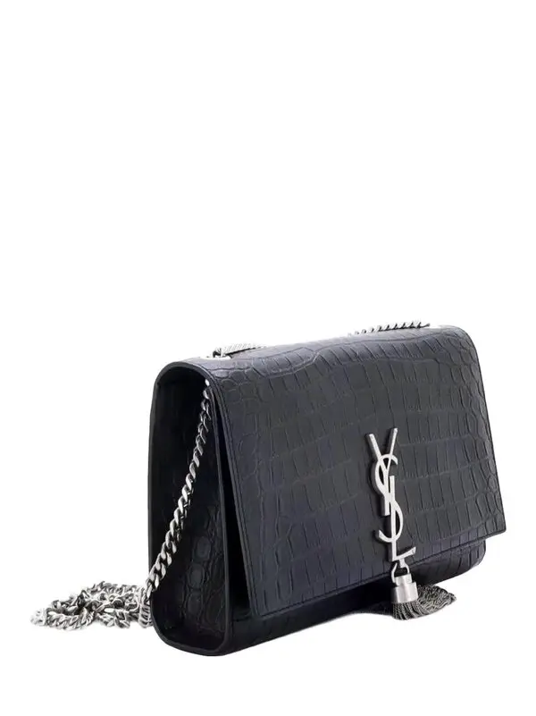 Saint Laurent Classic Monogram Tassel Croc Effect Leather Medium Crossbody Bag - Black