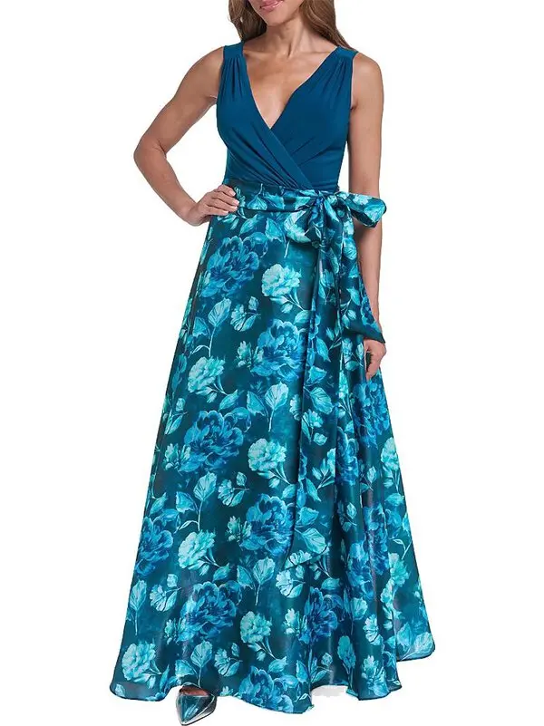 Eliza J Crossover Neck Tie Waist Mixed Media Gown - Teal