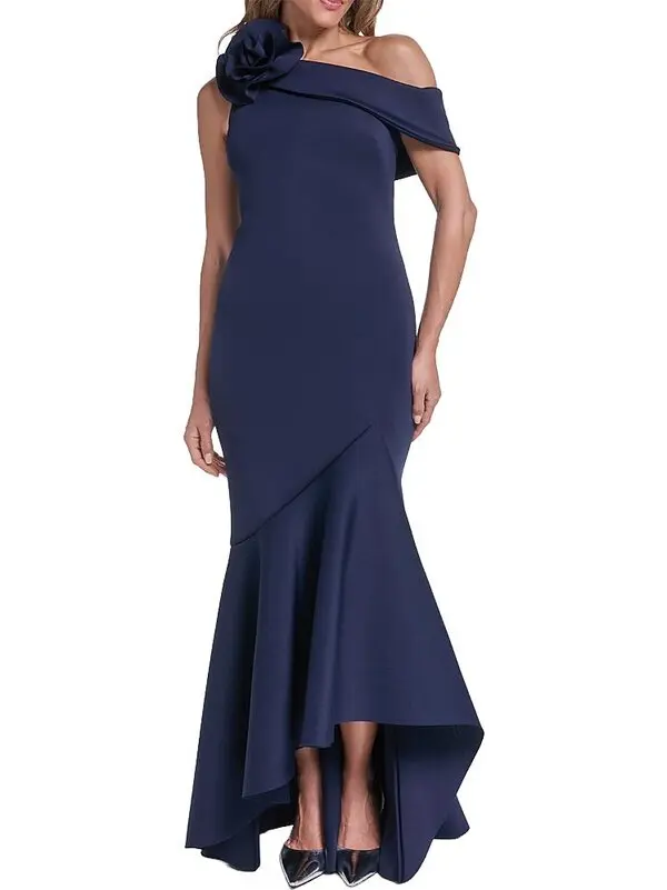 Eliza J One Shoulder Rosette Trim Ruffle Hem Gown - Navy