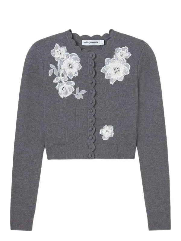 SELF-PORTRAIT Floral Lace Appliqué Cropped Cardigan - Grey