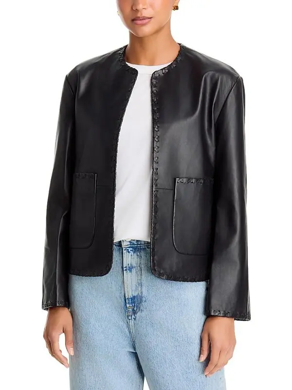 RÓHE Leather Blanket Stitch Collarless Jacket - Black