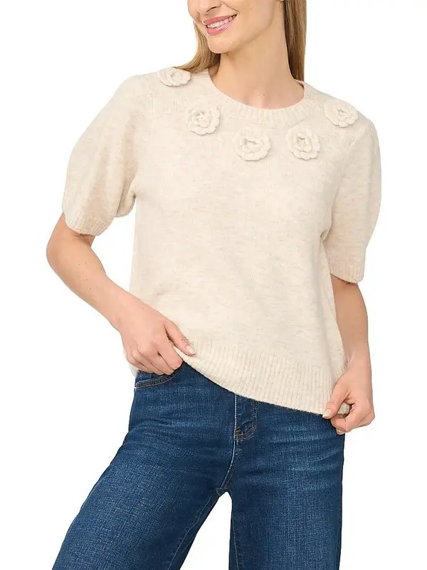CECE DUPRAZ Flower Trim Crewneck Sweater - Malted