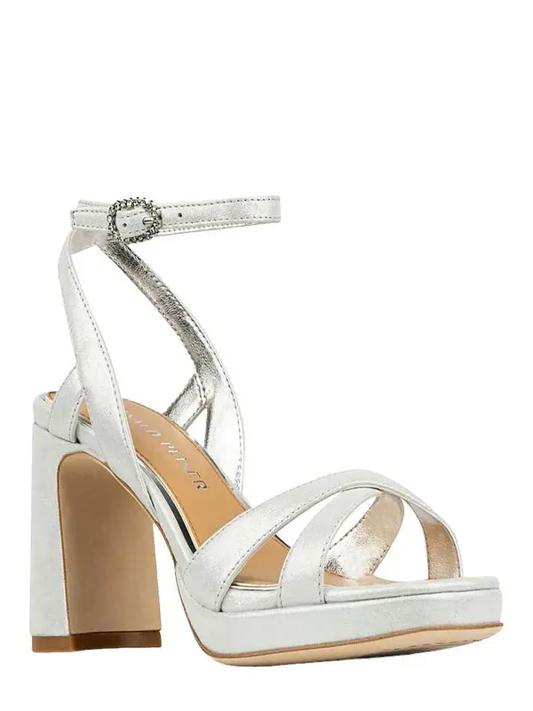 DONALD PLINER Ankle Strap Leather Suede Platform Sandals - Silver