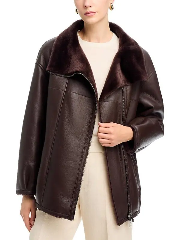 Herno Classic Shearling Zip Front Jacket - Dark Brown