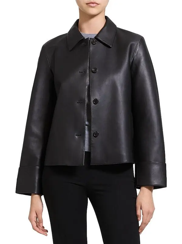 Theory Boxy Leather Cuffed Jacket - Black