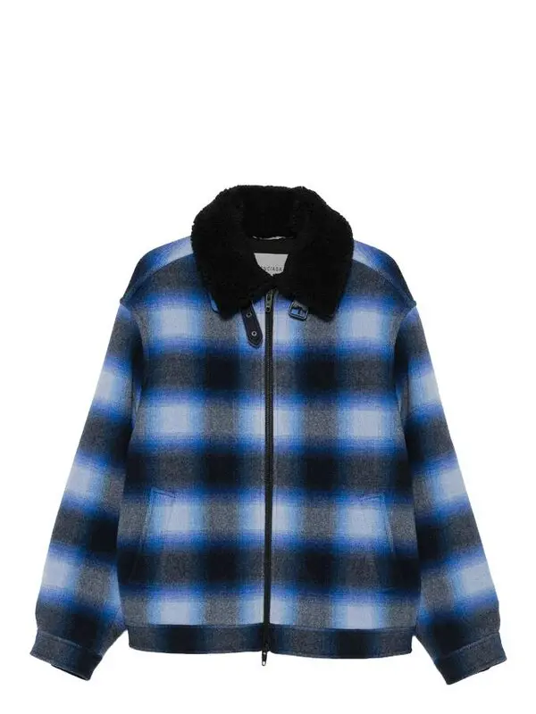 Balenciaga Check Pattern Faux-shearling Collar Zip-up Shirt Jacket - Blue