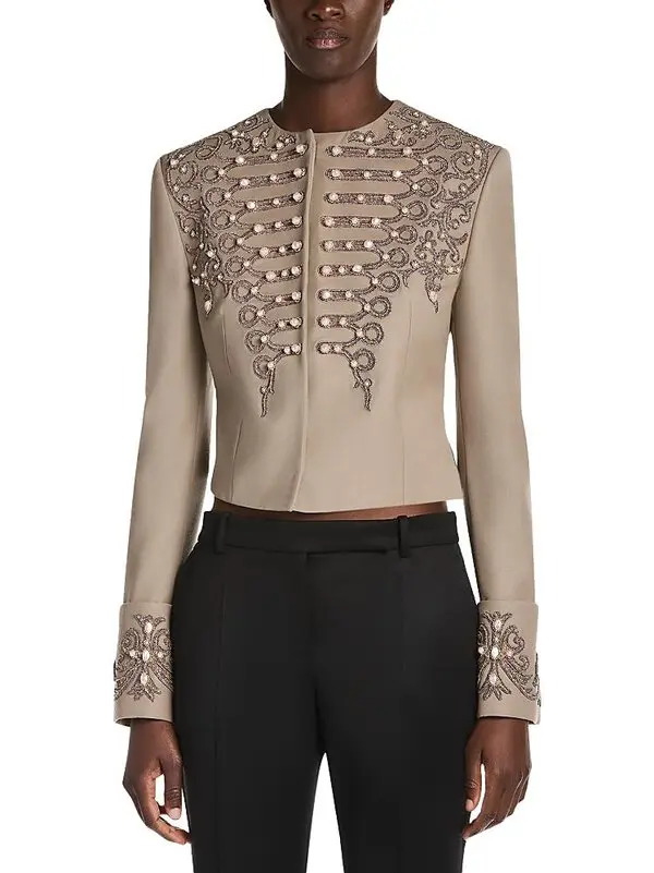 Alexander McQueen Wool Embellished Round Neck Jacket - Beige