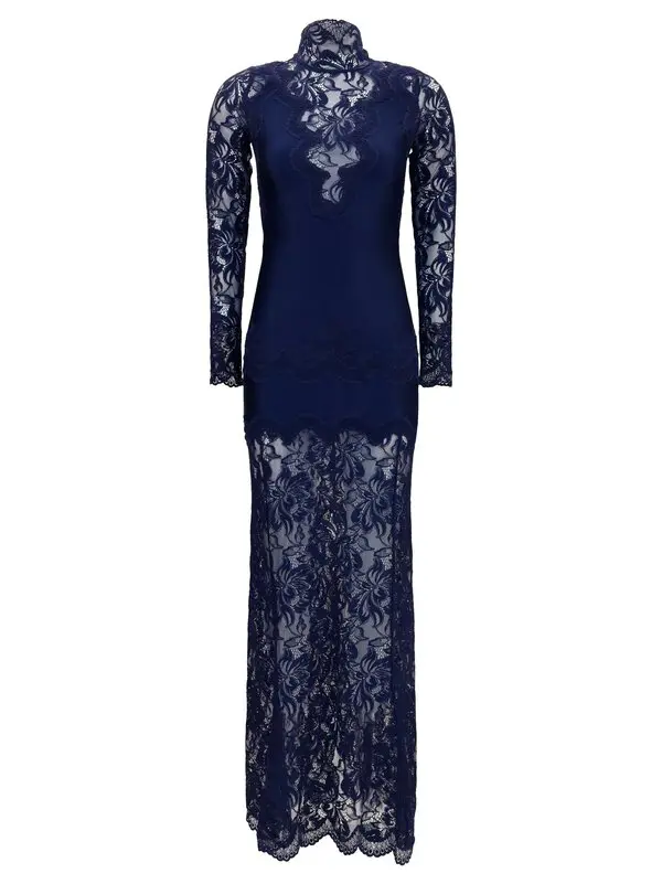 Rabanne Long Lace And Jersey Dress - Blue