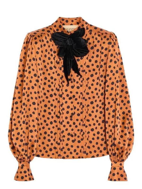 Valentino Garavani Crepe Satin Polka Dot Silk Pleated Shirt - Orange