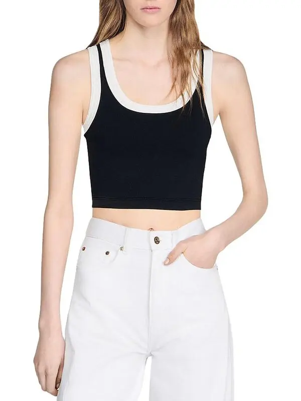 Sandro Two Tone Cropped Knit Top - Black