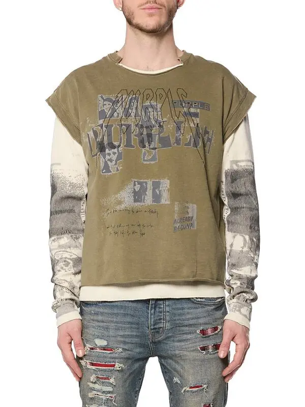 PURPLE BRAND Two Layer Distressed Graphic Cotton T-shirt - Green