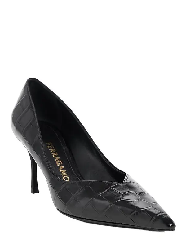 FERRAGAMO Desi Croc-embossed Pointed Pumps - Nero