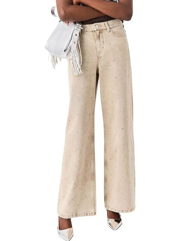 Maje Pantastrass Rhinestone Trim Wide Leg Jeans - Beige