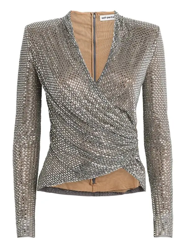 SELF-PORTRAIT Rhinestone-embellished Wrap Top - Grey