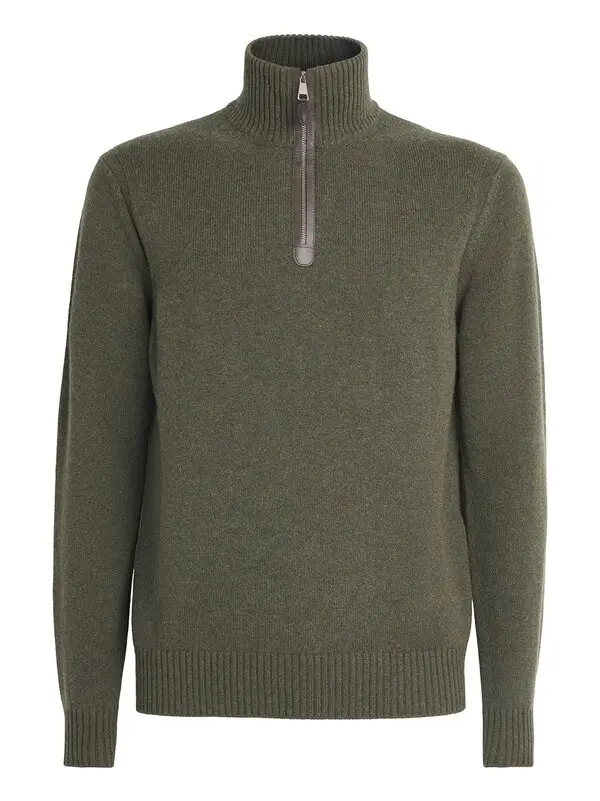 Purdey Cashmere Leather-trimmed Quarter-zip Sweater - Green