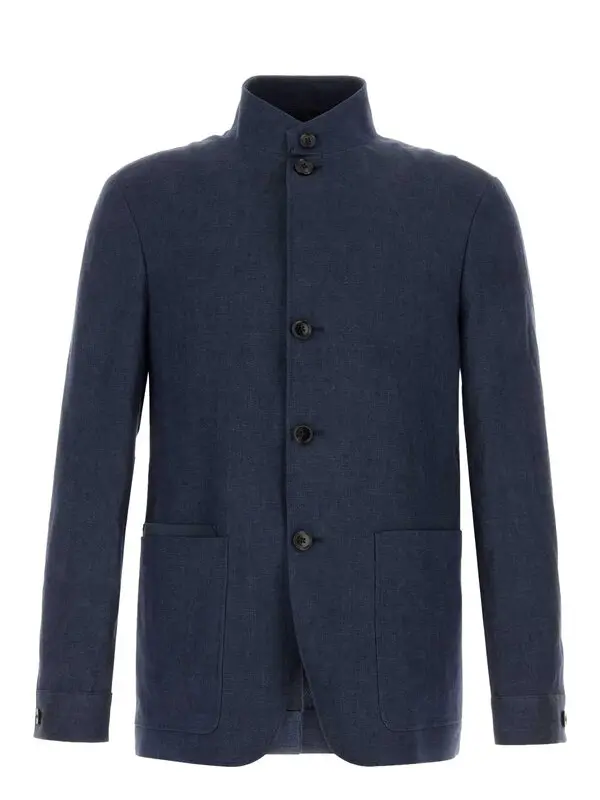 Zegna Linen Blazer With Calf Leather Details - Blue