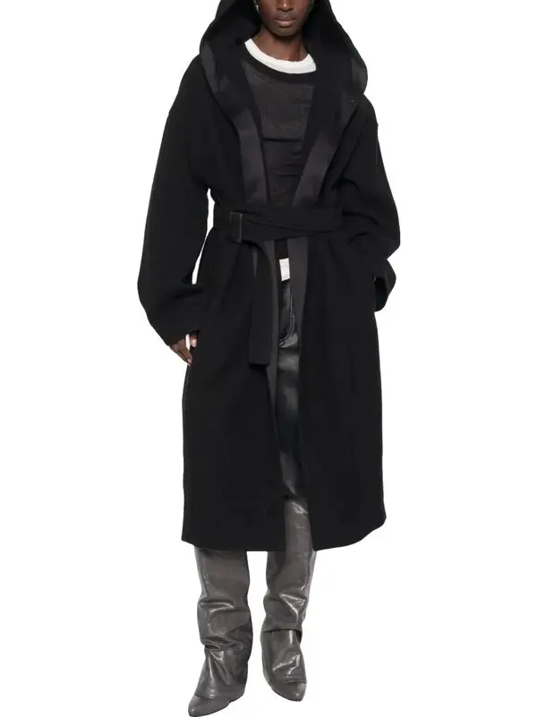 Rick Owens Slouchy Hood Virgin Wool Belted Jacket - Nero