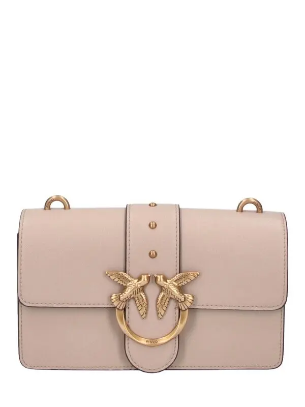 Pinko Leather Shoulder Bag With Bird Buckle - Beige
