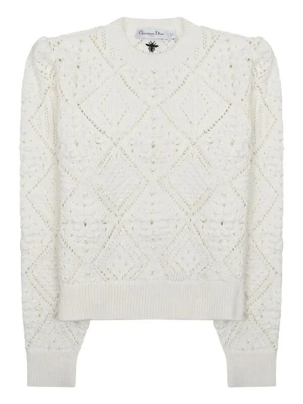 Dior 100% Cotton Open-knit Sweater - White