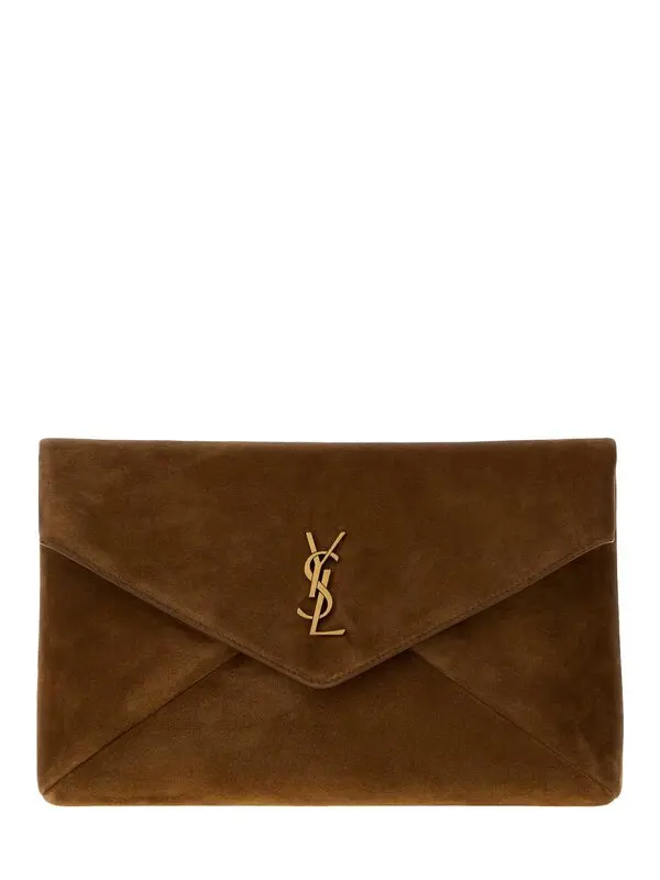 Saint Laurent Suede Large Envelope Clutch - Brown