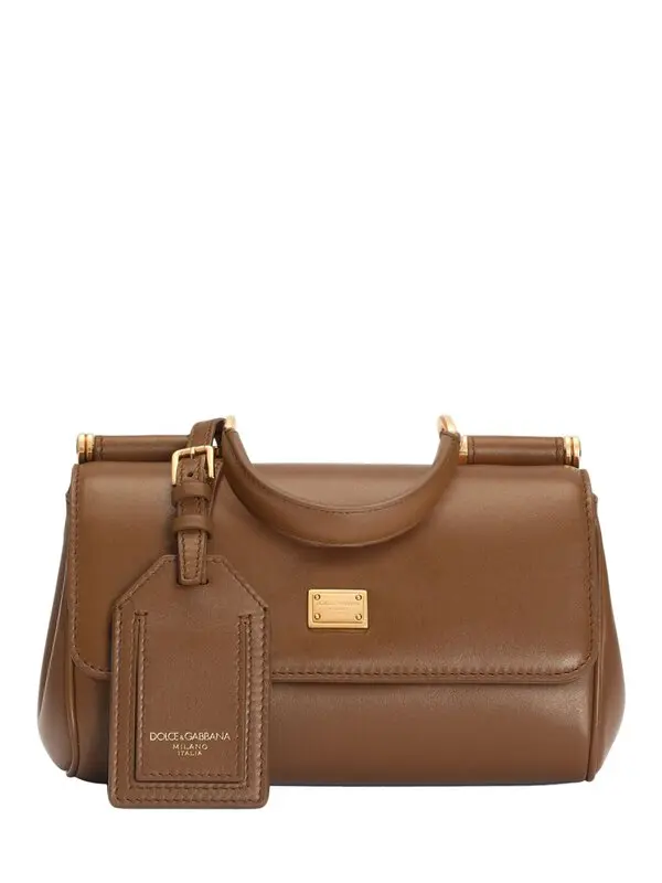 Dolce & Gabbana Mini Leather Tuck-in Shoulder Bag With Adjustable Strap And Vintage Brass Plating - Marrone