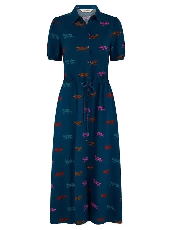 SUGARHILL BRIGHTON Cassandra Tiger Print Midi Shirt Dress - Blue
