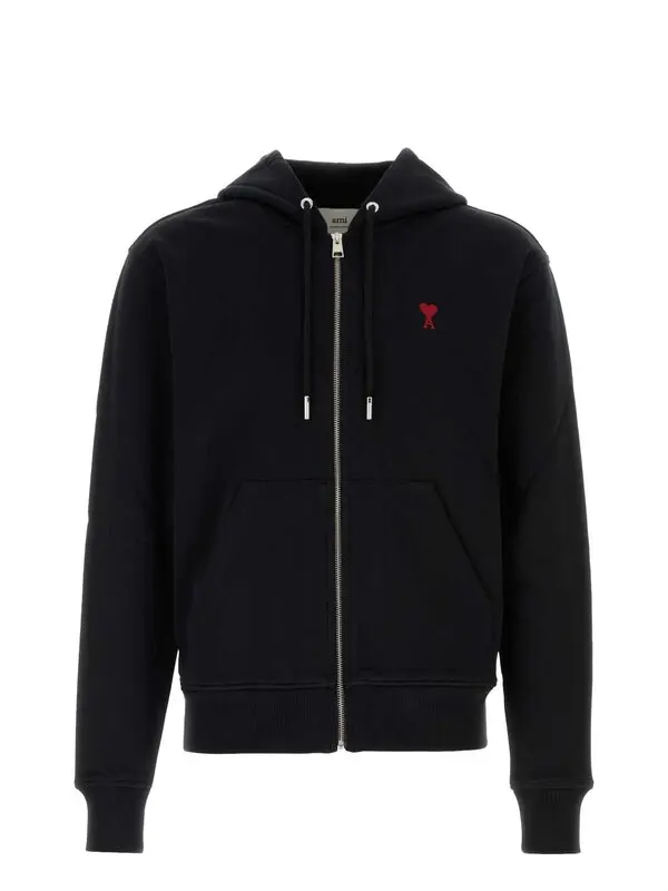 AMI Paris Cotton Full-zip Hoodie With Embroidered Logo - Black