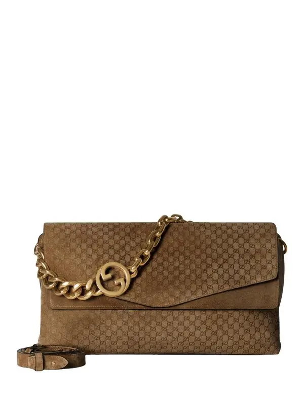 Gucci Calfskin Leather Handbag With Chain Detail And Gg Motif - Brown