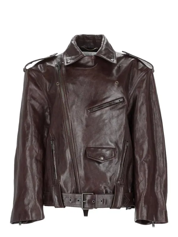 Saint Laurent Calf Leather Biker Jacket - Brown