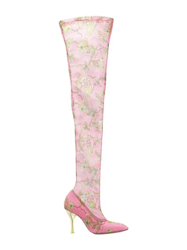 Off-White Crystal Floral Mesh Thigh-high Boots - Pink